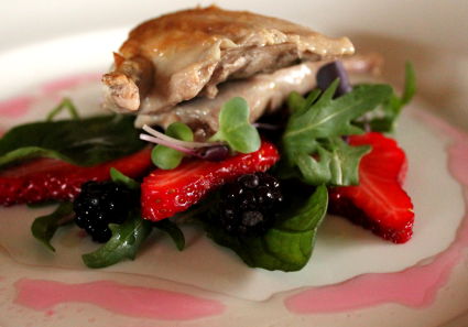 Grilled quail with raspberry vinegar marinated berries | Eloise Emmett